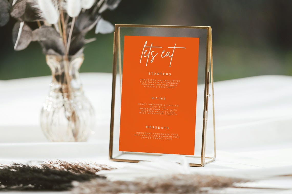 Bright Pink Wedding Menu, Colourful Wedding Menu, Orange Menu, Wedding ...