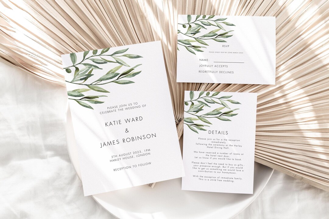 Printed Olive Branch Wedding Invitation Suite: Botanical Greenery ...