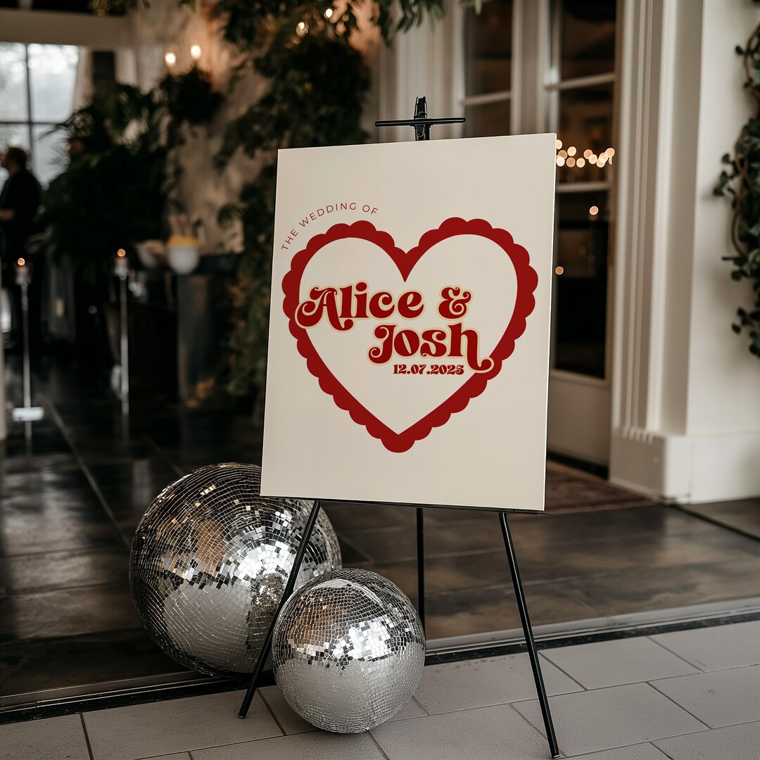 Retro Heart Wedding Welcome Sign, Disco Theme Signage, Funky Wedding ...