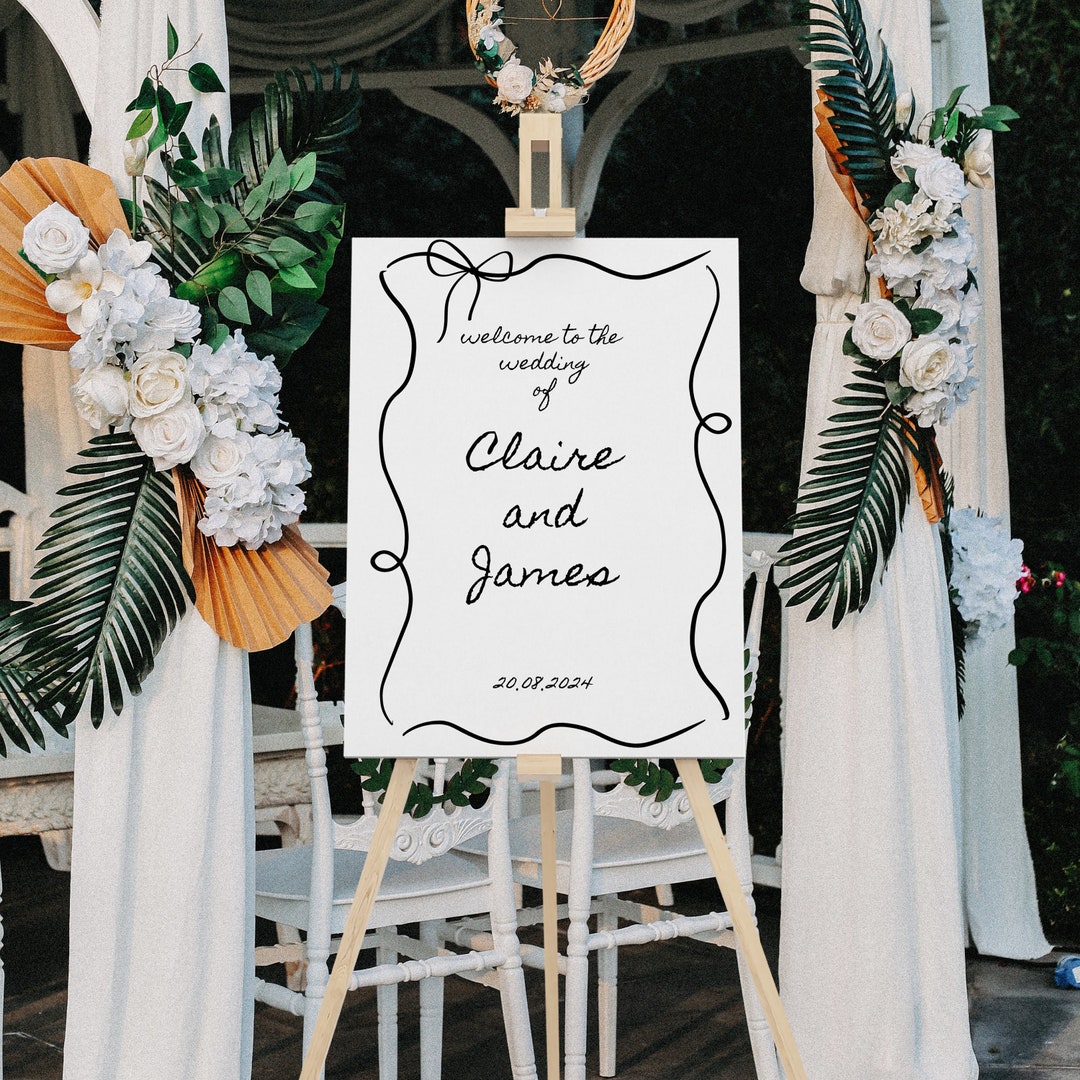 Black Ribbon Wedding Welcome Sign, Bow Wedding Welcome Sign, Retro ...