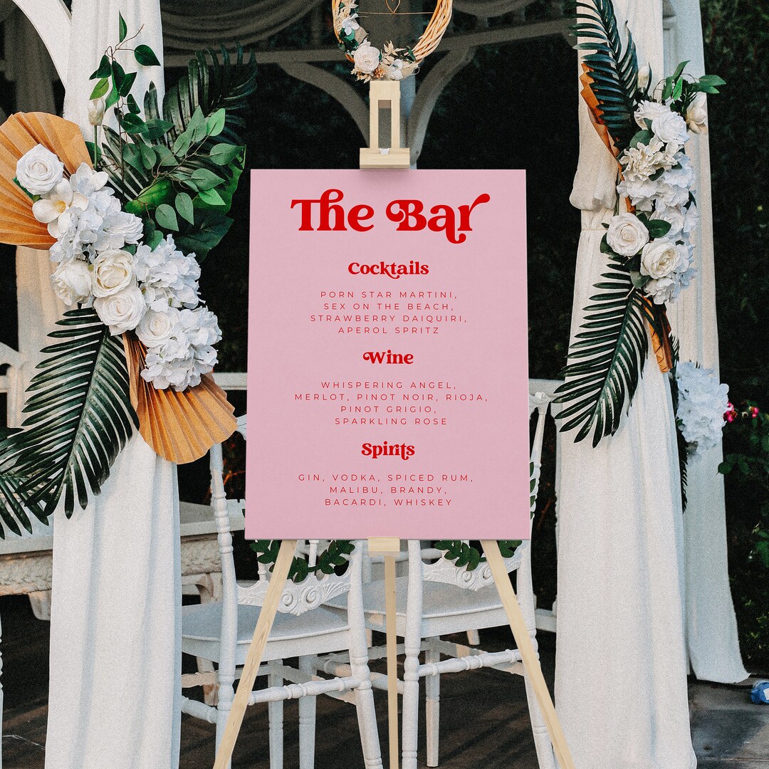 Pink Bar Wedding Sign, Bar Menu Sign, Retro Bar Menu Sign - Etsy