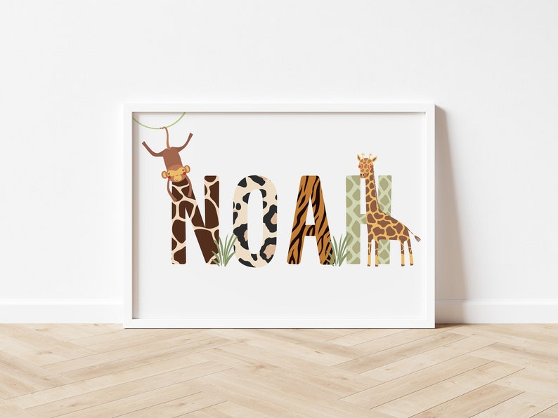 Safari Name Print Safari Animal Name Nursery Wall Art - Etsy