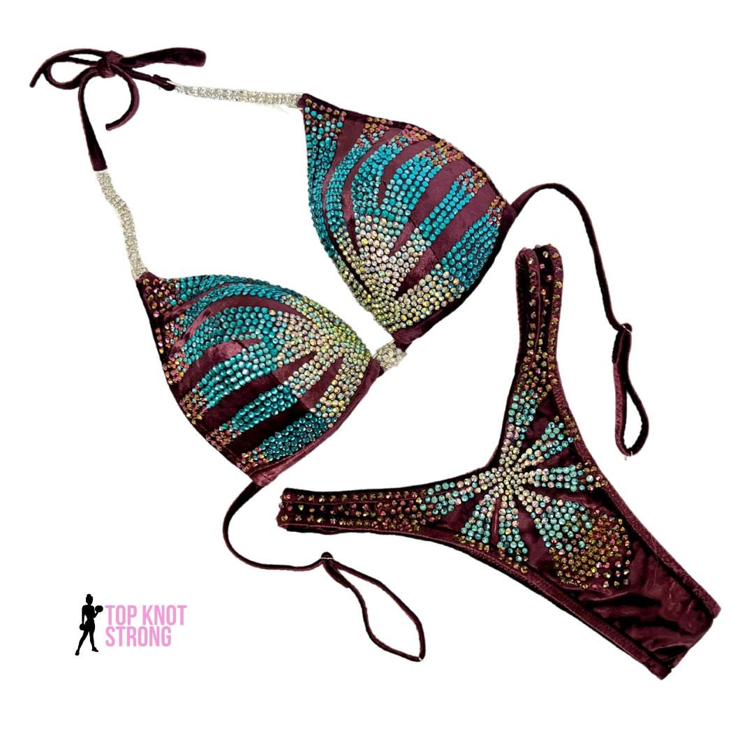 Figalicious Maroon and Blue Crystal Figure Physique Competition Suit - Etsy