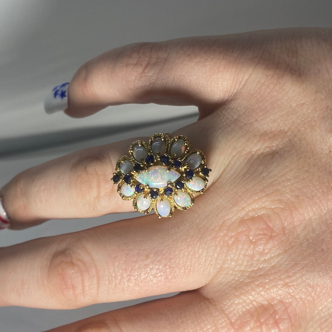 14k Yellow Gold Sapphire and Opal Ring | Etsy