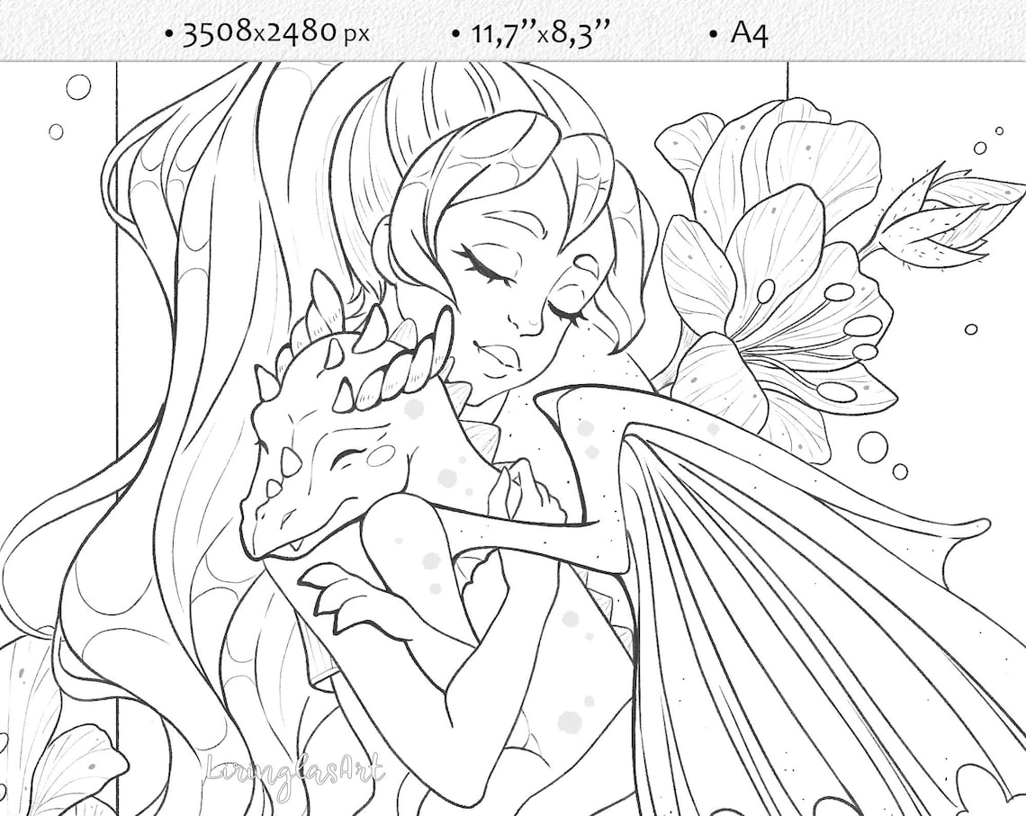 Girl and Dragon Digital printable coloring page Fantasy | Etsy
