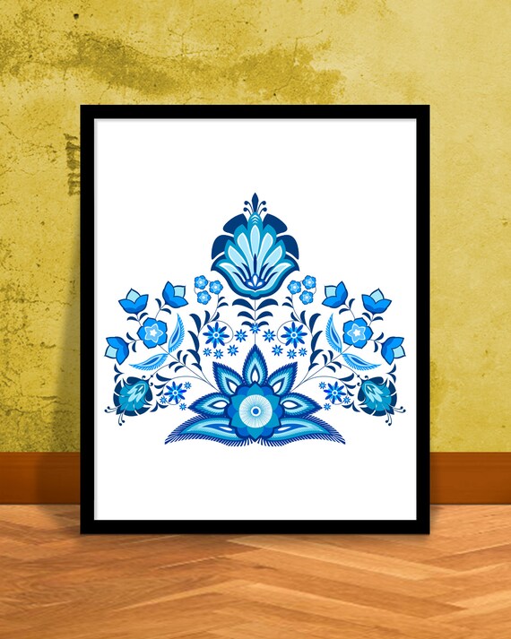 Blue Folk Flowers Print Digital Download Wall Art Instant - Etsy