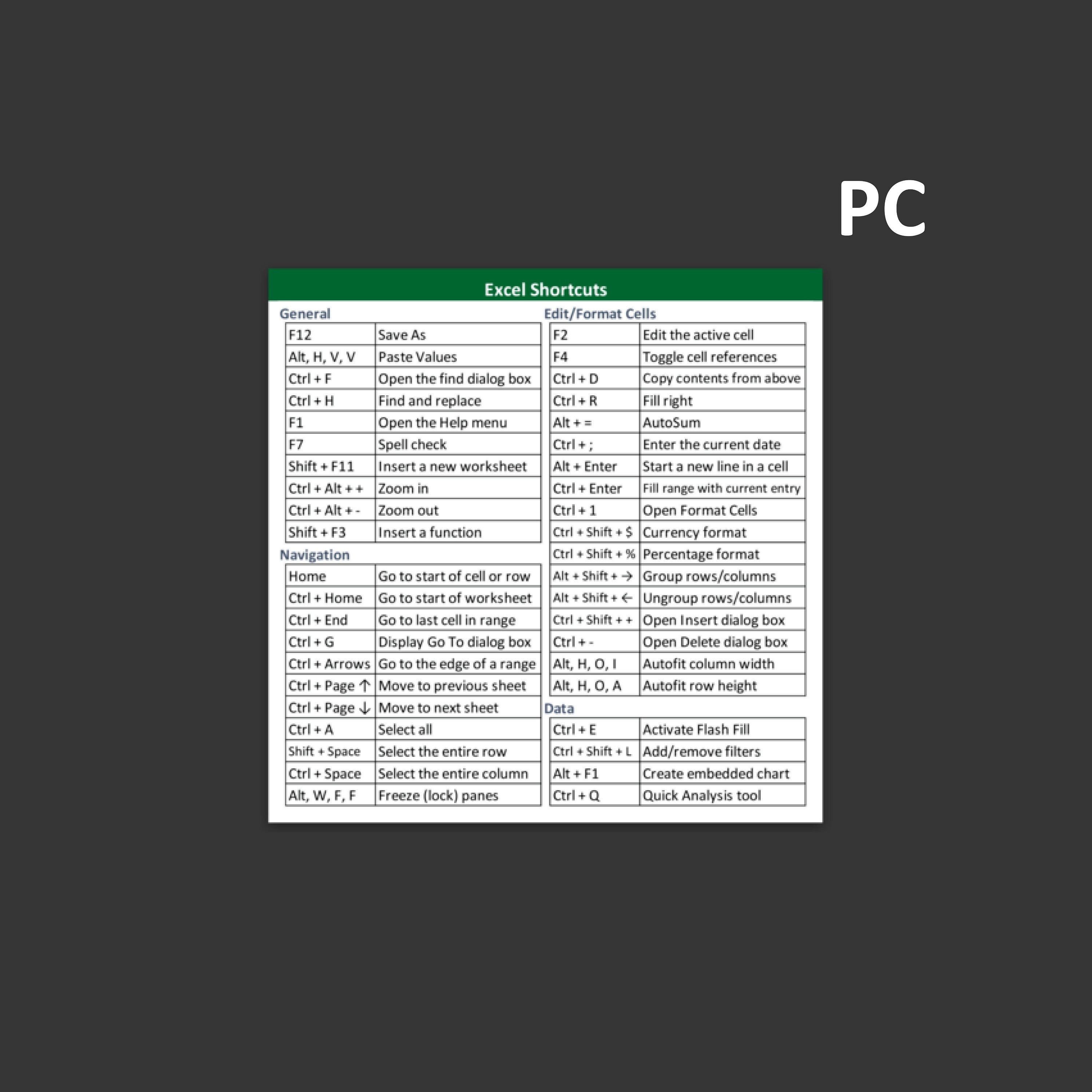 Excel Shortcuts Sticker (PC) - Etsy