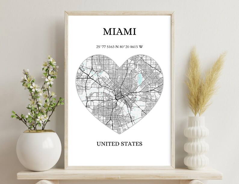 Heart of Miami, Map Art, White Background, Perfect for Home Decor ...