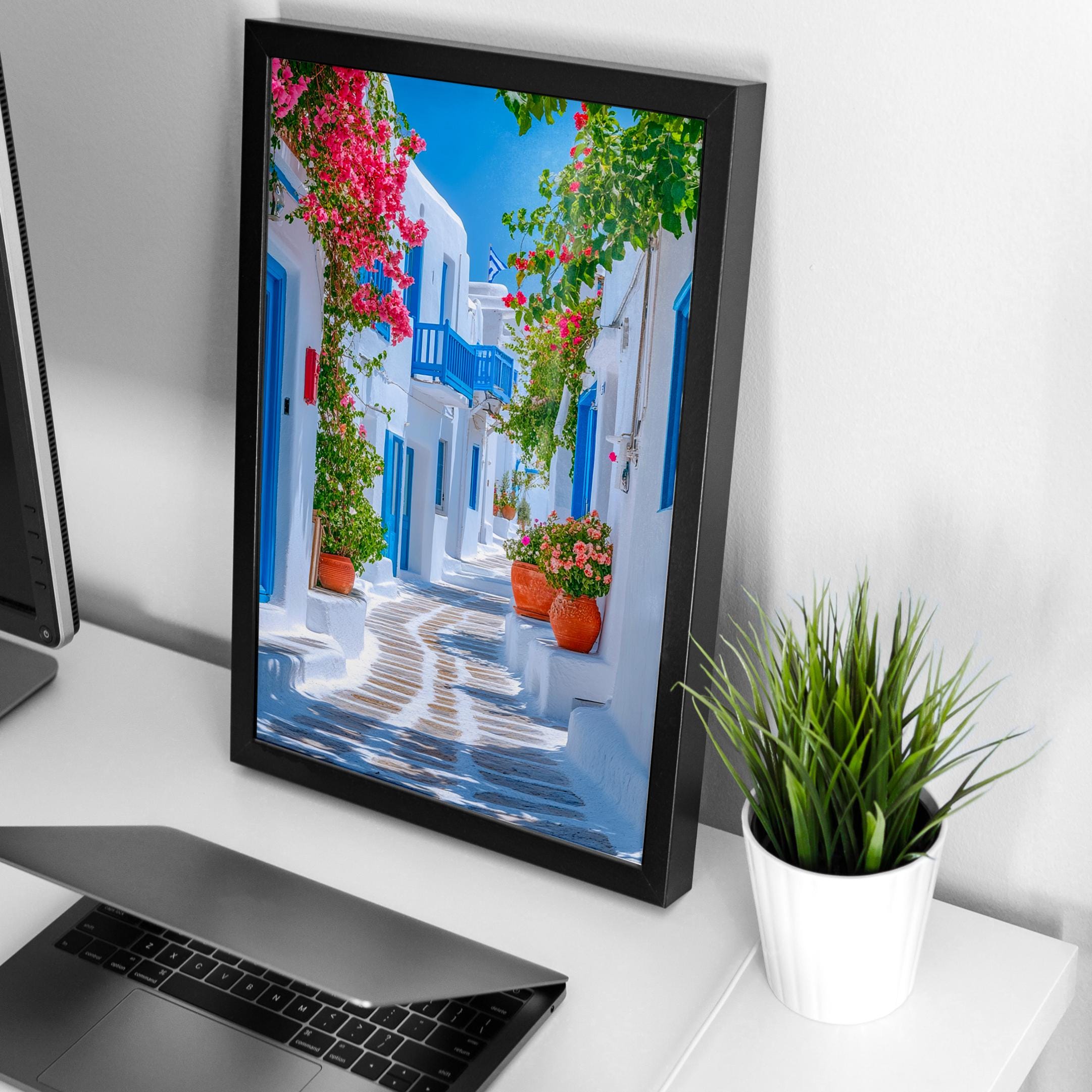 Greek Street Scene Wall Art Digital Print Blue Doors Pink Bougainvillea ...