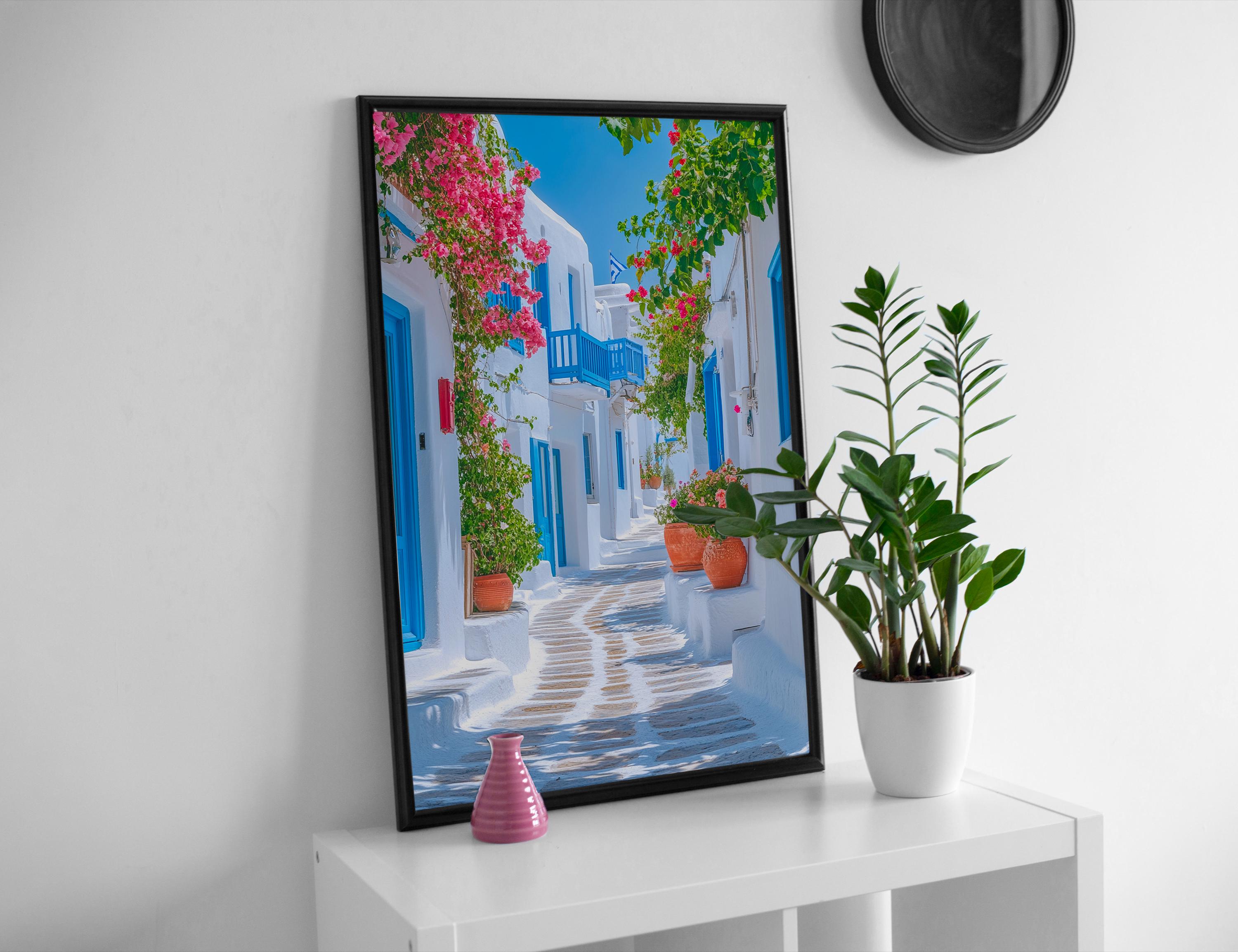 Greek Street Scene Wall Art Digital Print Blue Doors Pink Bougainvillea ...