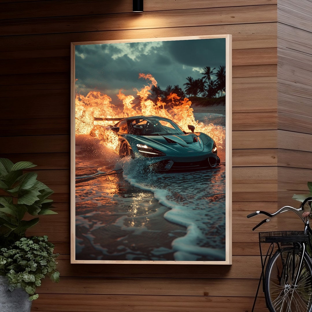 Flaming Supercar Beach Art Print Ocean Waves Car Poster Fire Effect ...