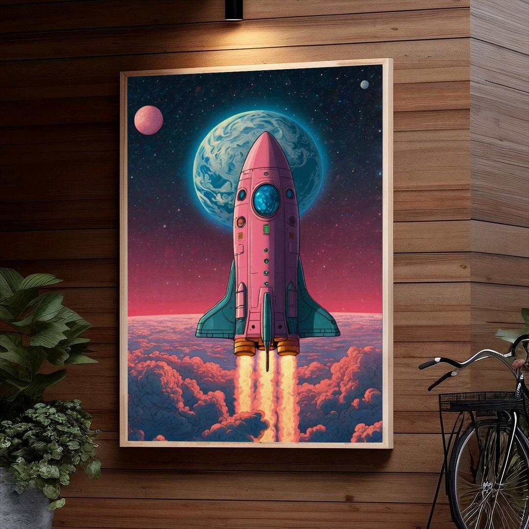 Vivid Space Travel Art Retro Rocket and Vibrant Starsprintable Art ...