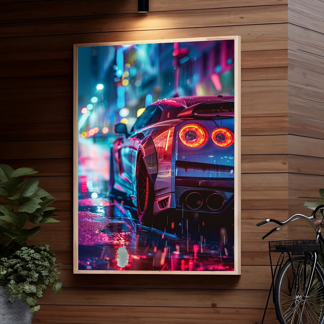 Sleek Sports Car in Neon Nightscape Urban Photography Printable Art ...