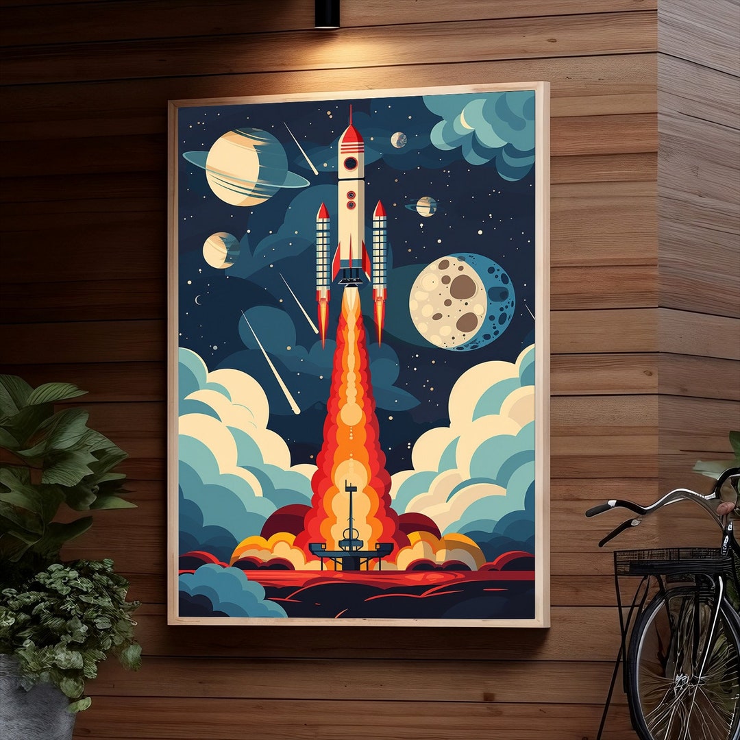 Retro Rocket Launch Into Space Illustration Artwork Printable Art ...