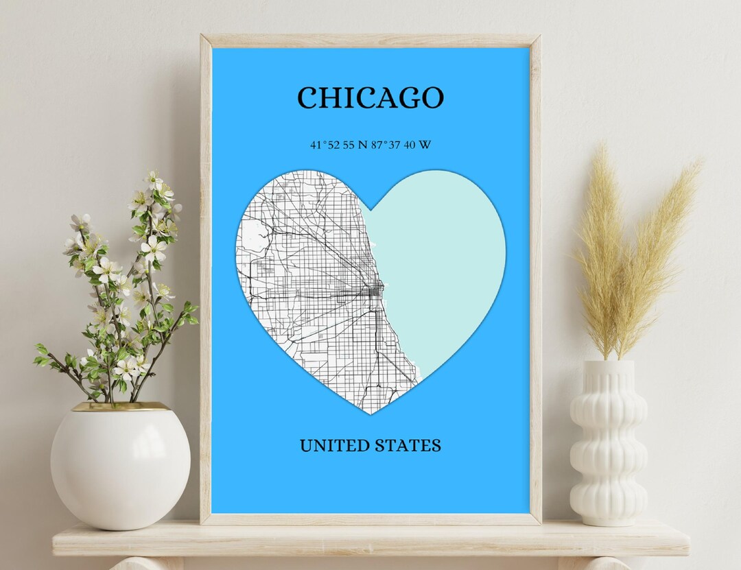 Heart of Chicago, Map Art, Blue Background, Perfect or Home Decor ...