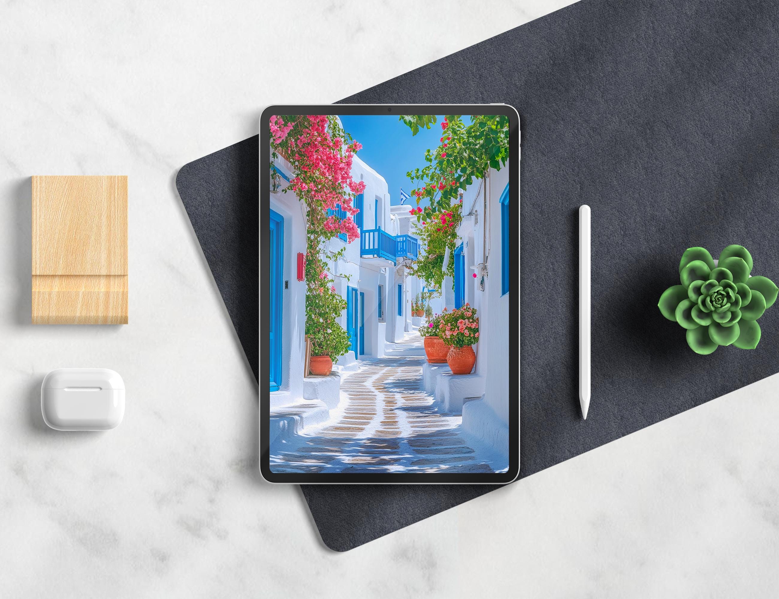 Greek Street Scene Wall Art Digital Print Blue Doors Pink Bougainvillea ...