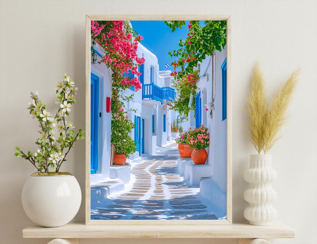 Greek Street Scene Wall Art Digital Print Blue Doors Pink Bougainvillea ...