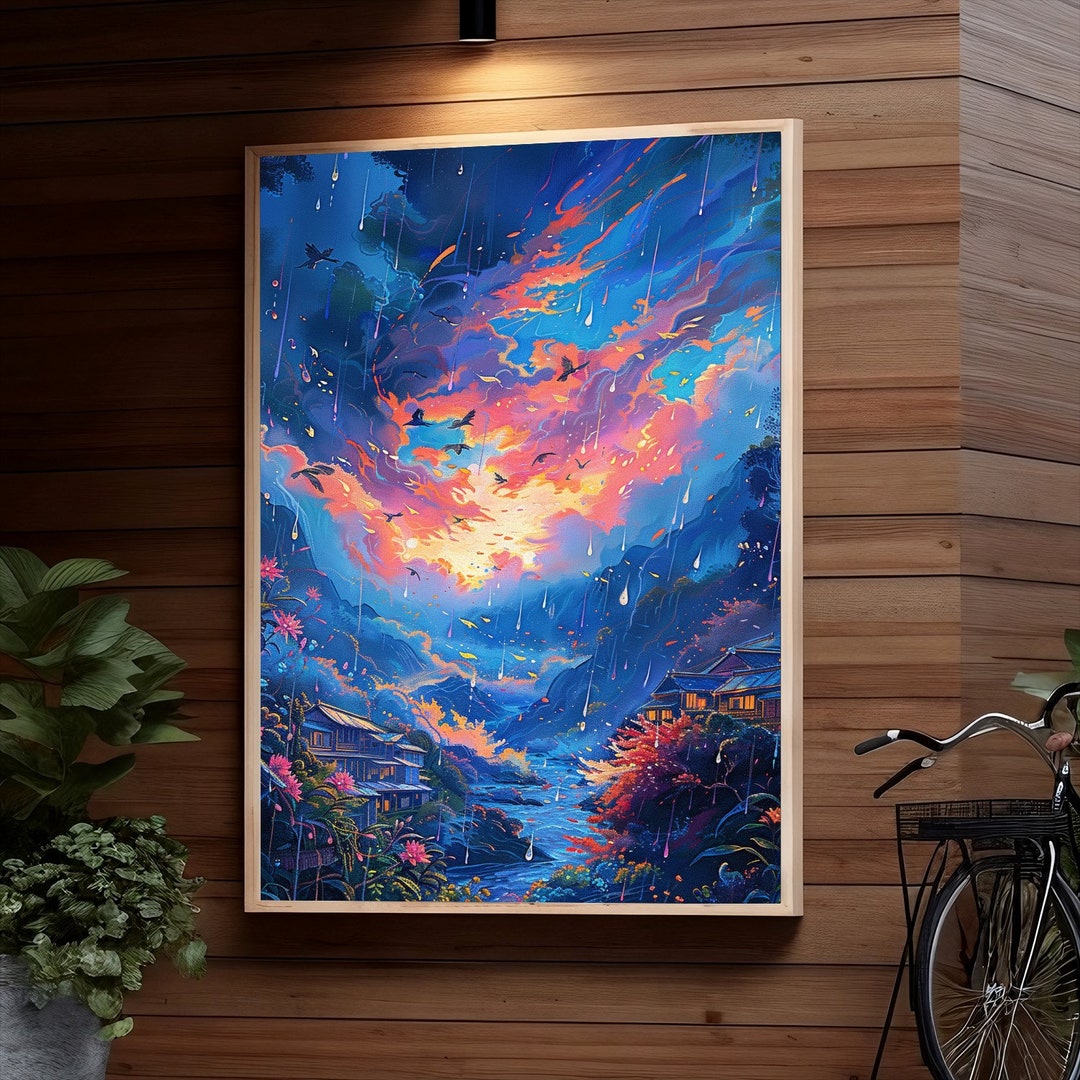 Sunset Rainstorm Art Print Landscape Nature Scenery Wall Decor Colorful ...