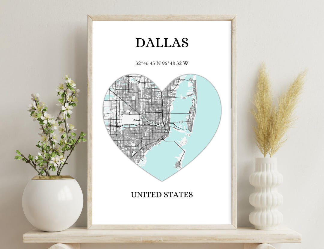 Heart of Dallas, Map Art, Blue Background, Perfect for Home Decor ...