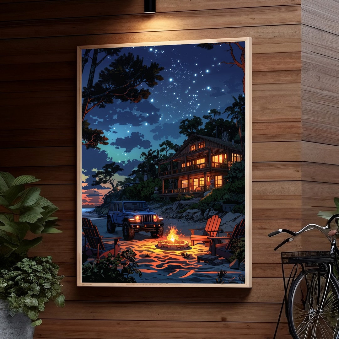 Starry Night Campfire at Cozy Lakeside Cabin Getaway Printable Art ...