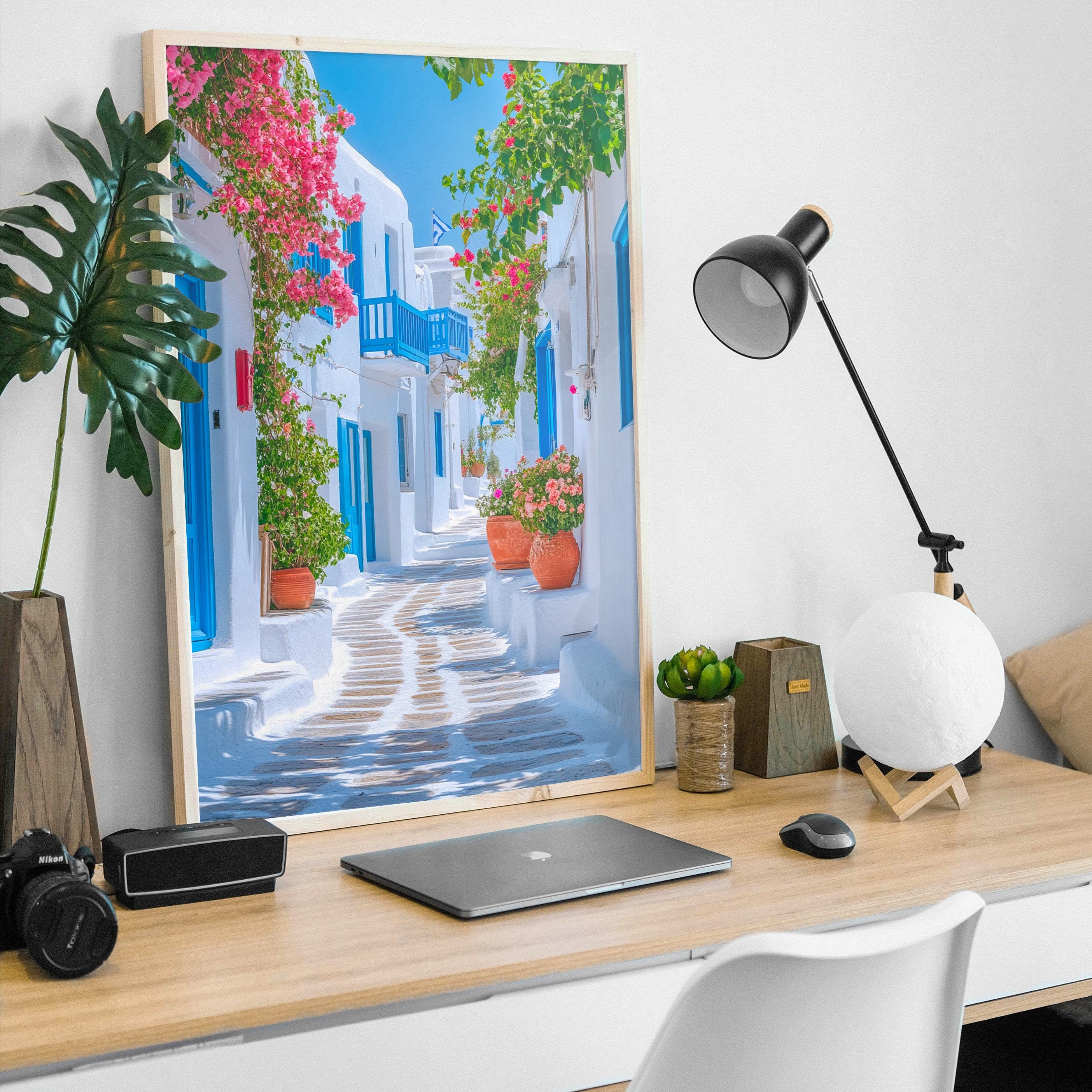 Greek Street Scene Wall Art Digital Print Blue Doors Pink Bougainvillea ...