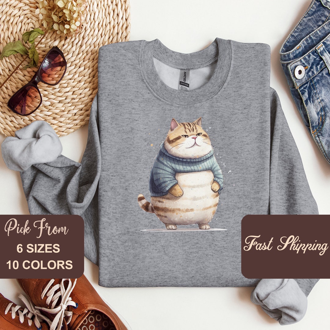 Fat Gray Cat in Sweater, Unisex Crewneck Sweatshirt Long Sleeve Shirt ...