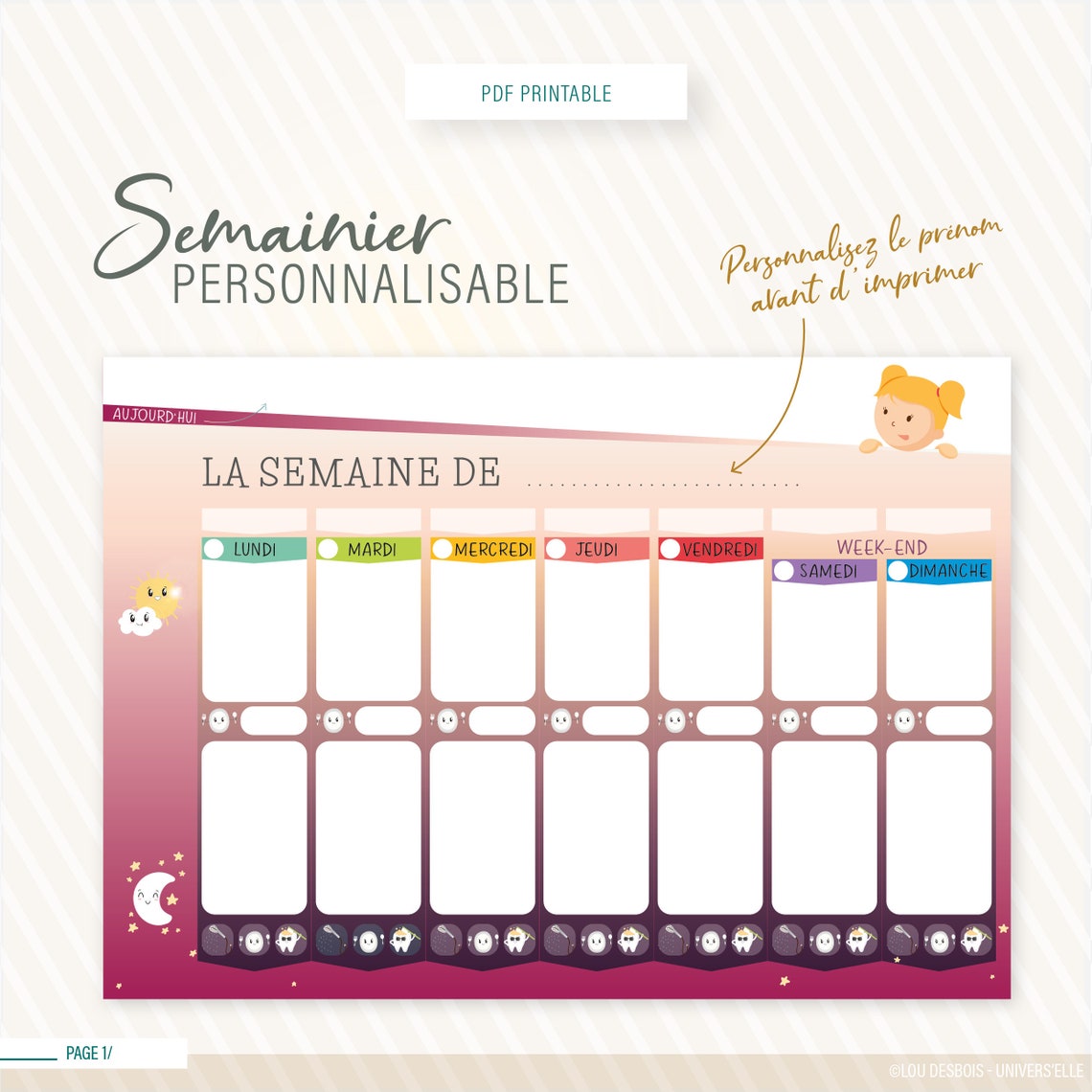 SEMAINIER Personnalisable - Rose - PDF Printable - Enfants / maternelle ...
