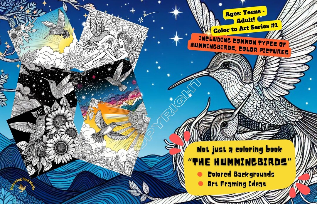 Adult Coloring Book, THE HUMMINGBIRDS Colored Backgrounds, Art Framing ...