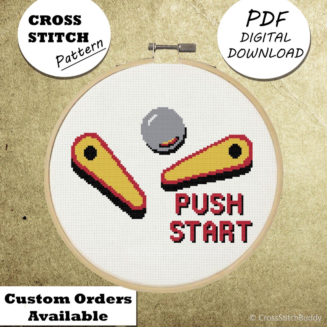 Pinball Flippers Push Start Cross Stitch Pattern, DIY Embroidery, Small ...