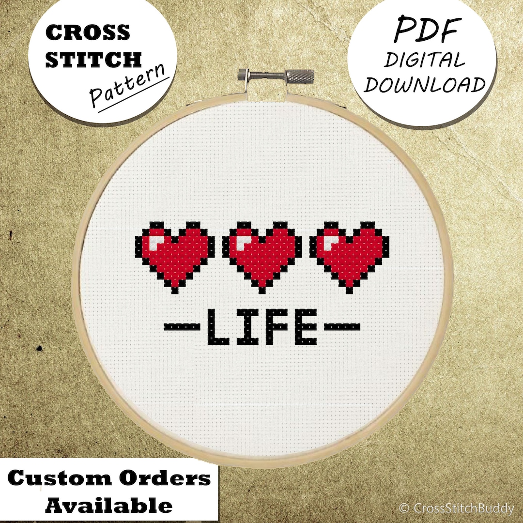 Pixel Heart Life Bar Cross Stitch Pattern: Retro 8-bit Embroidery (PDF ...