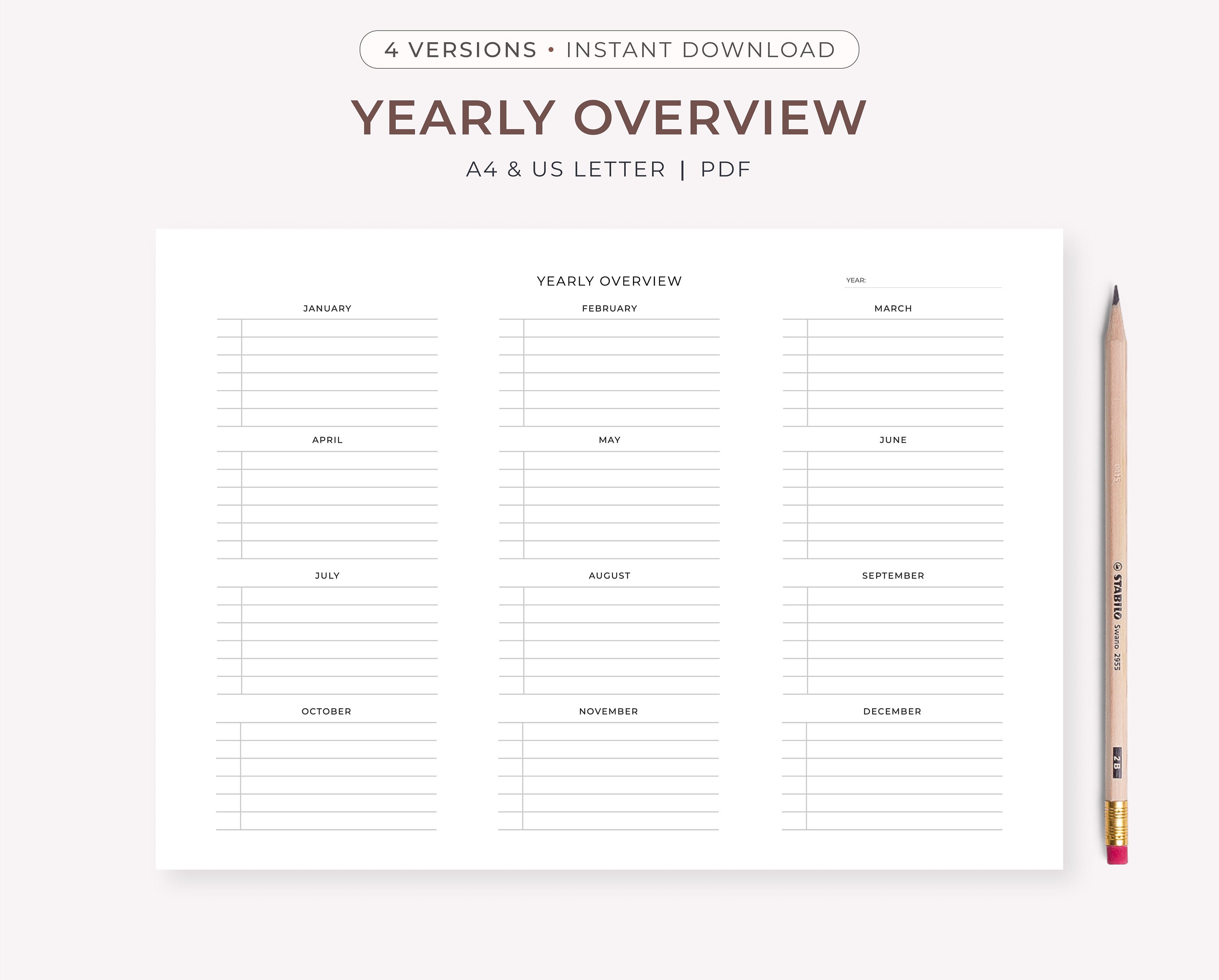 Printable Yearly Overview Planner A4 US Letter PDF Year at a Glance ...