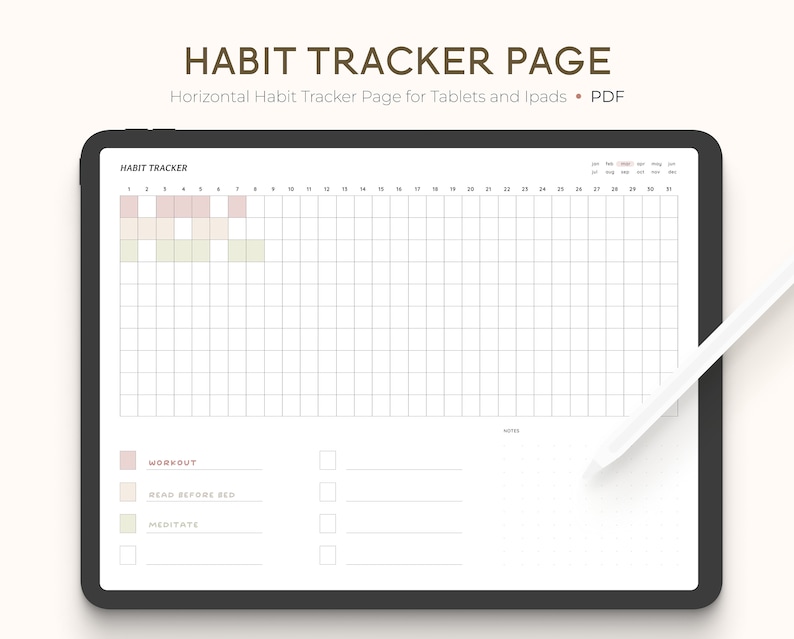 Horizontal Habit Tracker Digital Planner Monthly iPad Tablets Goodnotes ...