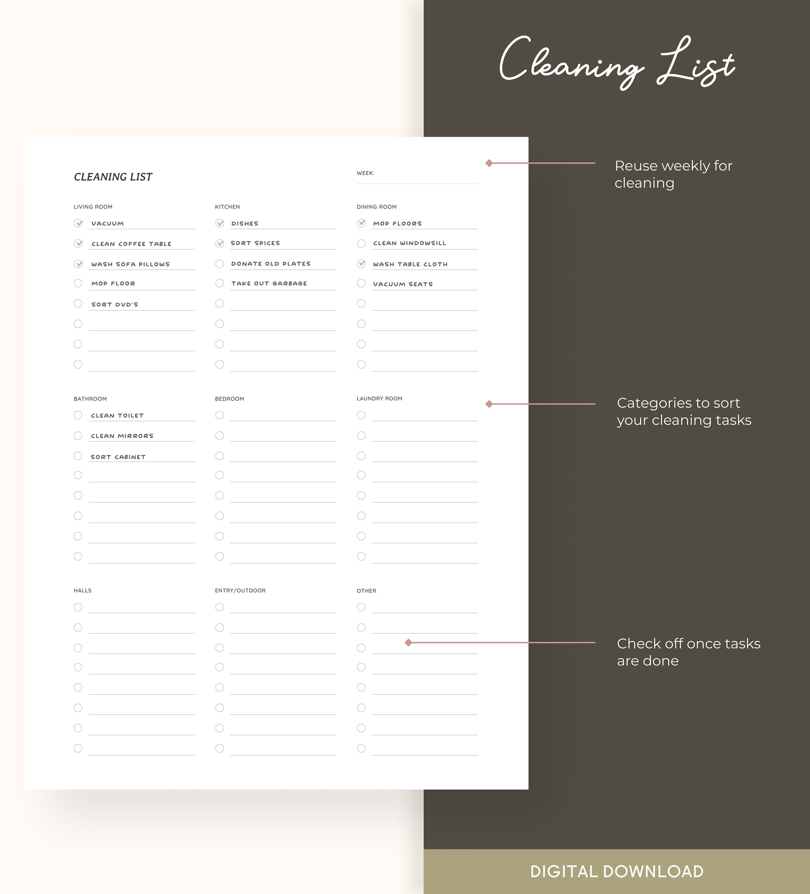 Printable Cleaning List to Do Digital Download House Cleaning Planner ...