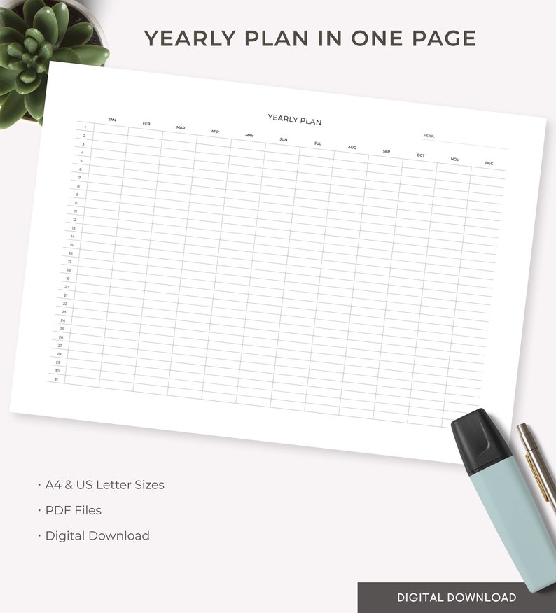Printable Year at a Glance Planner Undated Reusable All Days in Year ...
