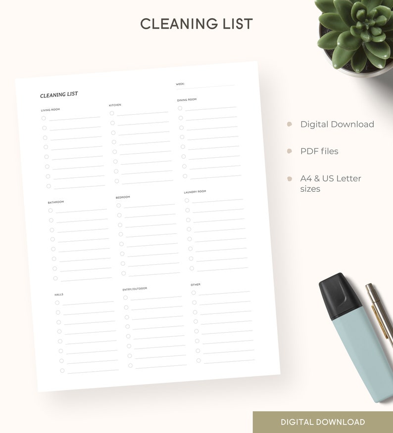 Printable Cleaning List to Do Digital Download House Cleaning Planner ...