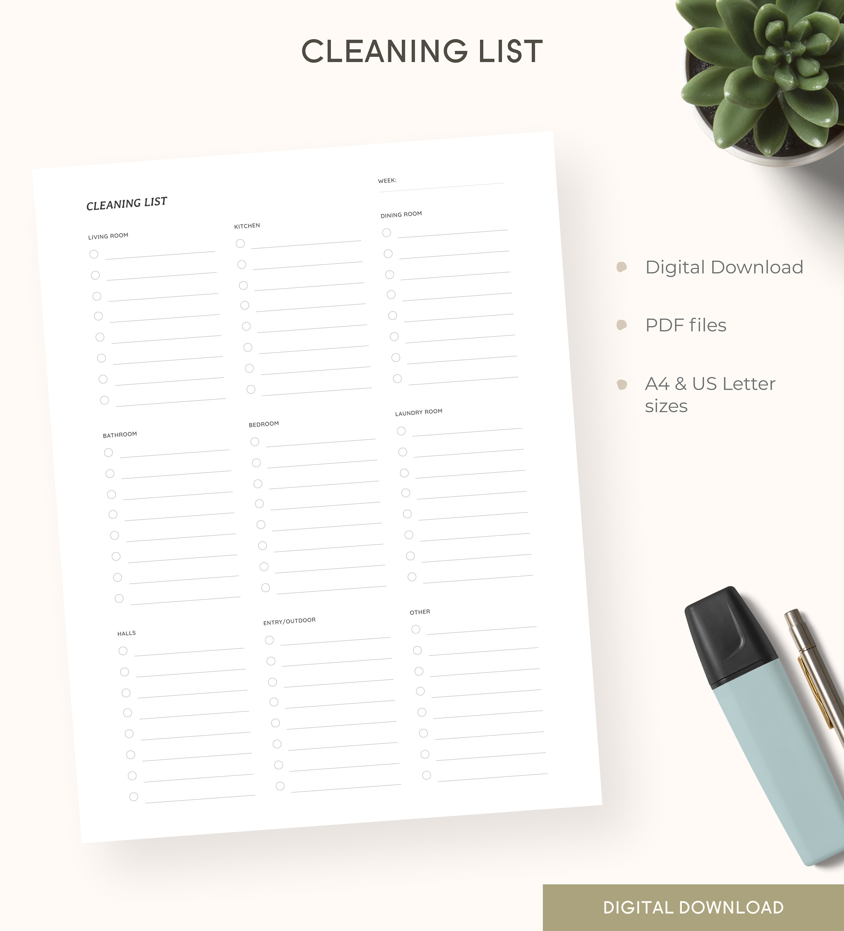 Printable Cleaning List to Do Digital Download House Cleaning Planner ...