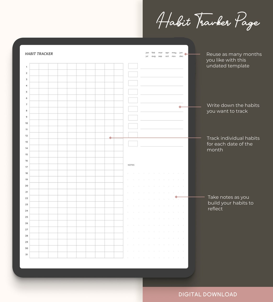 Habit Tracker Digital Planner Monthly iPad Tablets Goodnotes Notability ...