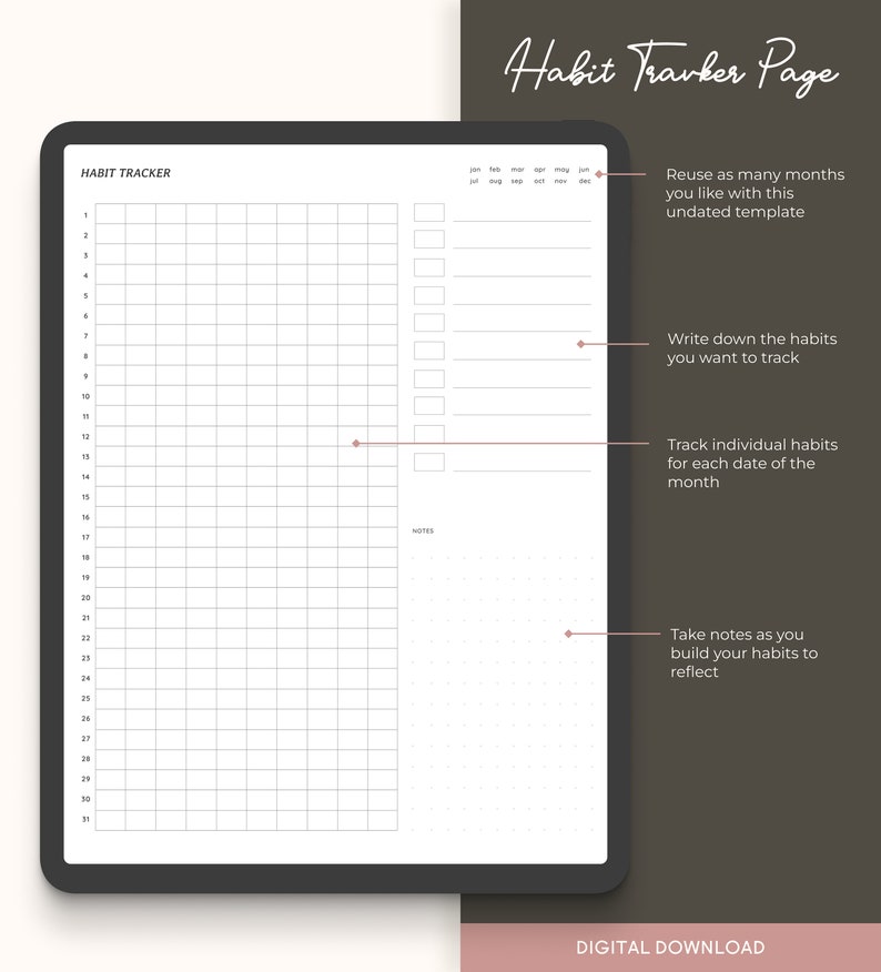 Habit Tracker Digital Planner Monthly iPad Tablets Goodnotes Notability ...