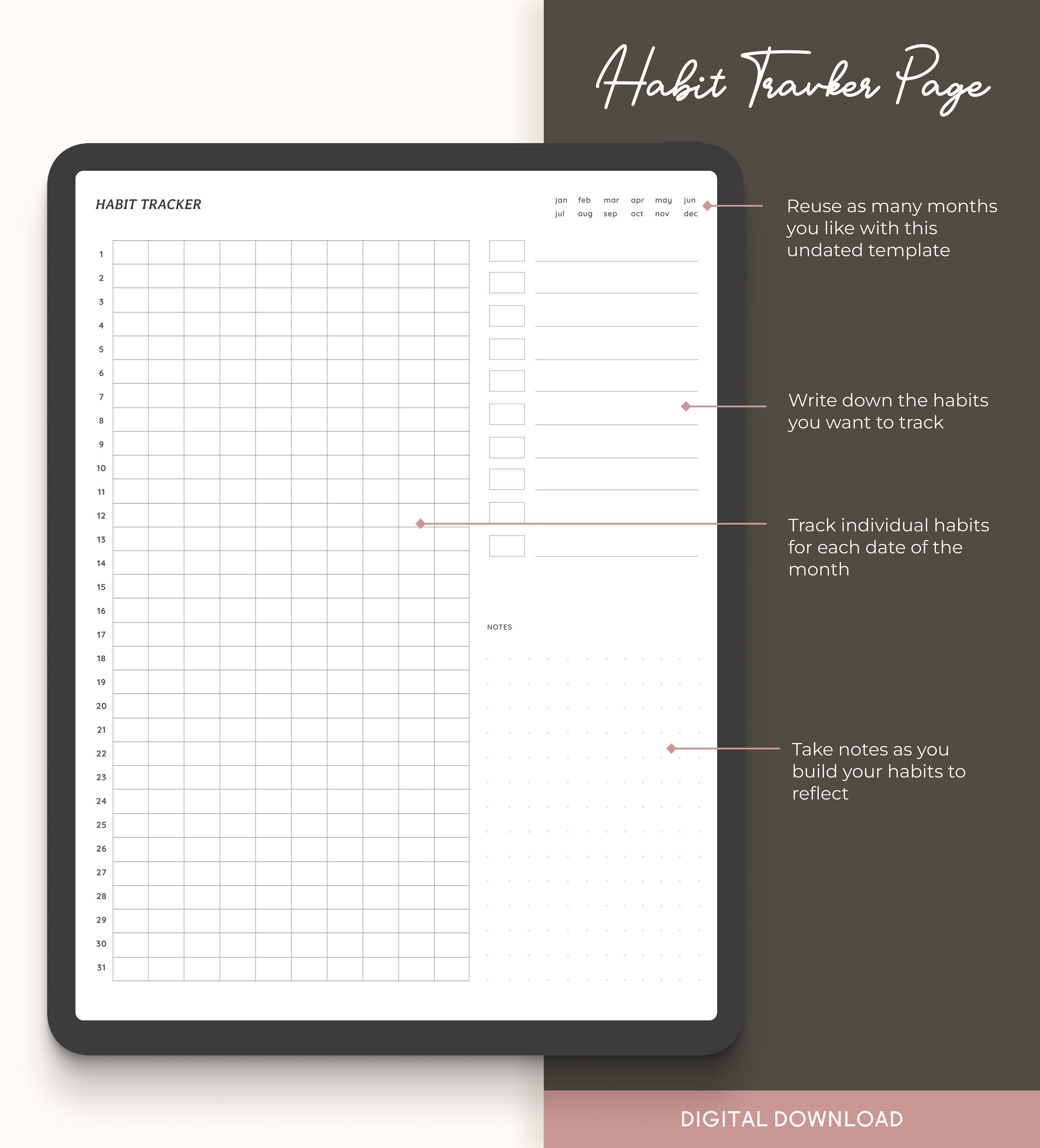 Habit Tracker Digital Planner Monthly iPad Tablets Goodnotes Notability ...