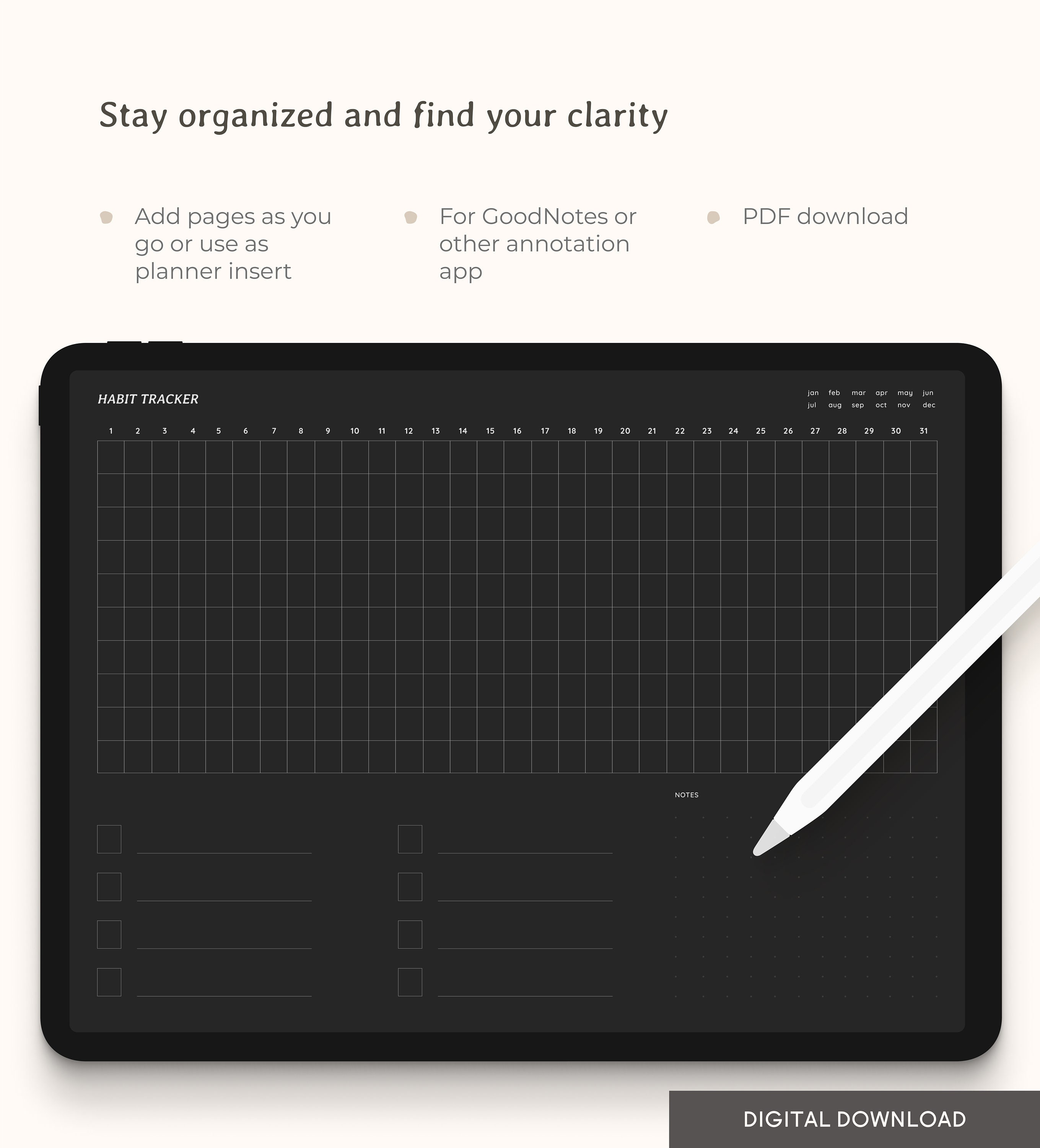 Horizontal Habit Tracker Digital Planner Monthly iPad Tablets Goodnotes ...