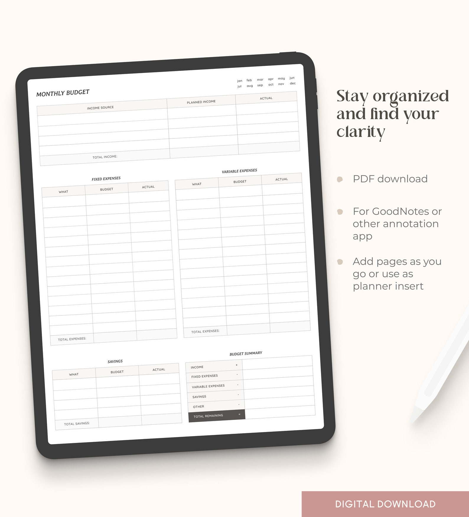 Monthly Budget Finance Planner Page Insert Goodnotes Digital iPad ...