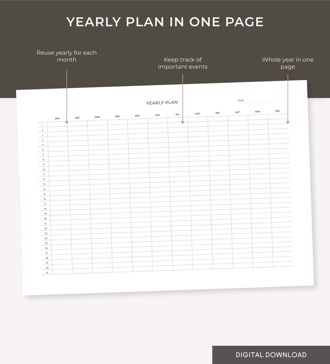 Printable Year at a Glance Planner Undated Reusable All Days in Year ...