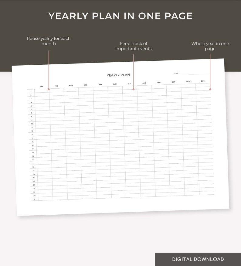 Printable Year at a Glance Planner Undated Reusable All Days in Year ...