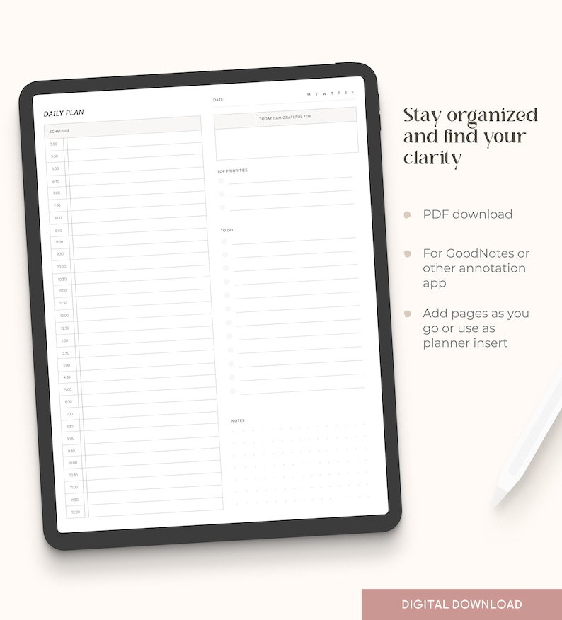 Daily Planner One Page Insert Digital Planner Goodnotes Minimalistic ...
