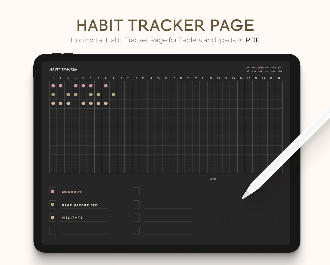 Horizontal Habit Tracker Digital Planner Monthly iPad Tablets Goodnotes ...