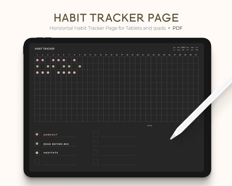 Horizontal Habit Tracker Digital Planner Monthly iPad Tablets Goodnotes ...