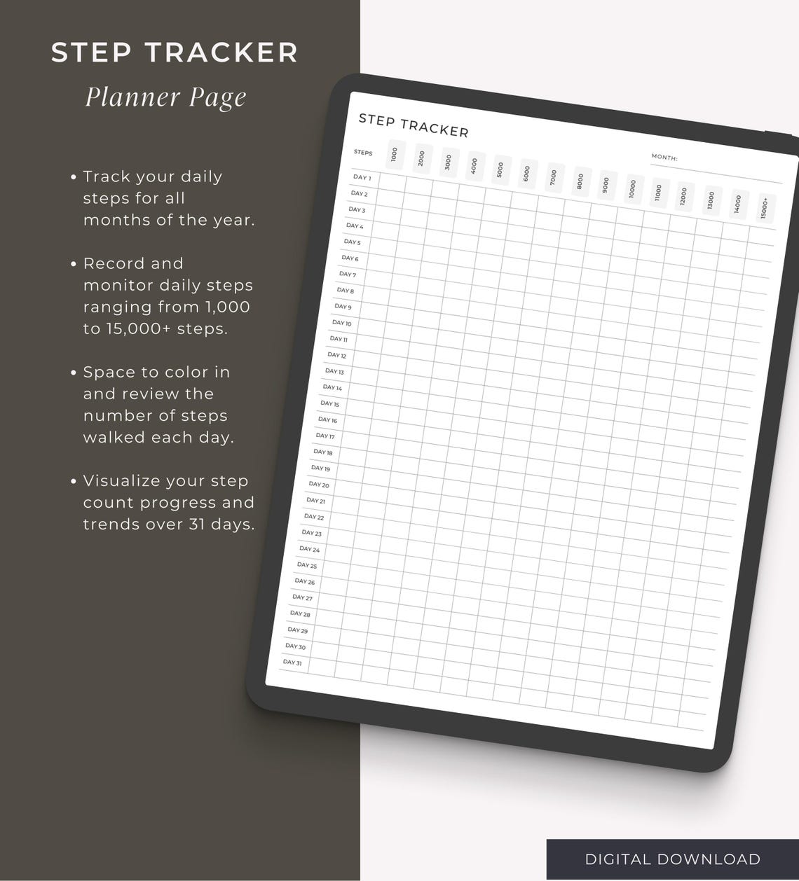 Digital Step Tracker Page, 31-day Step Counter, Step Counting Template ...
