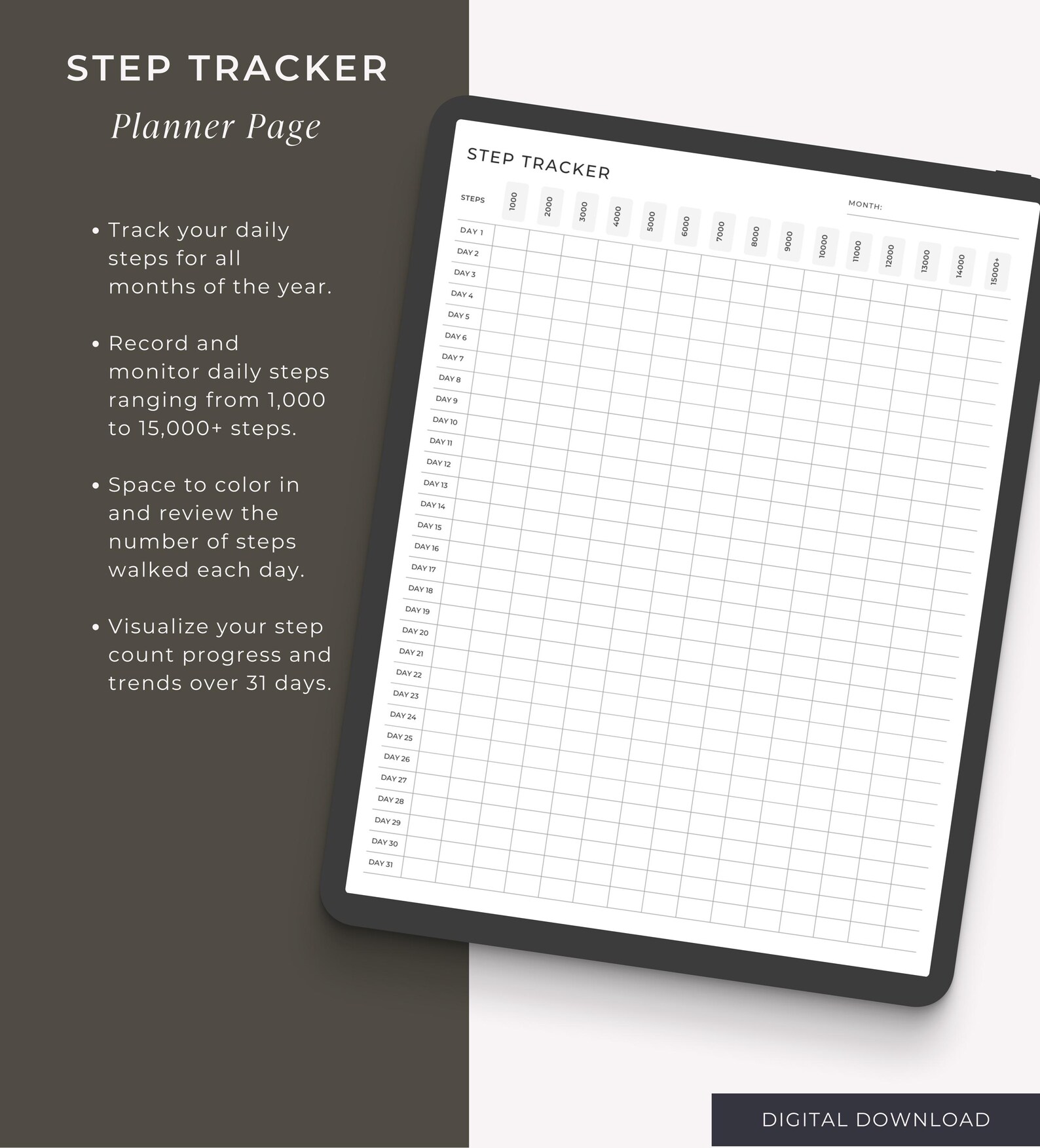 Digital Step Tracker Page, 31-day Step Counter, Step Counting Template ...