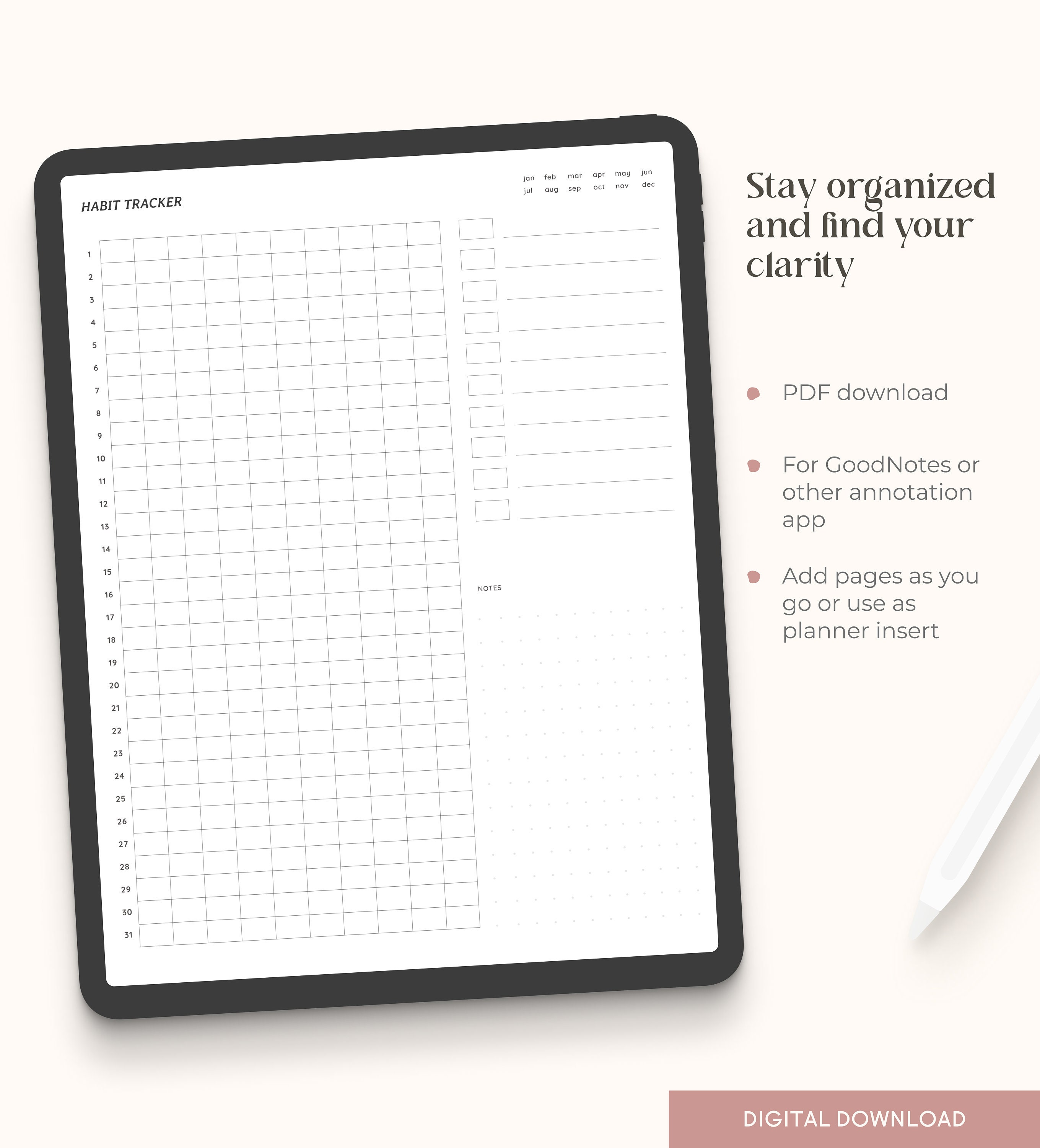 Habit Tracker Digital Planner Monthly iPad Tablets Goodnotes Notability ...
