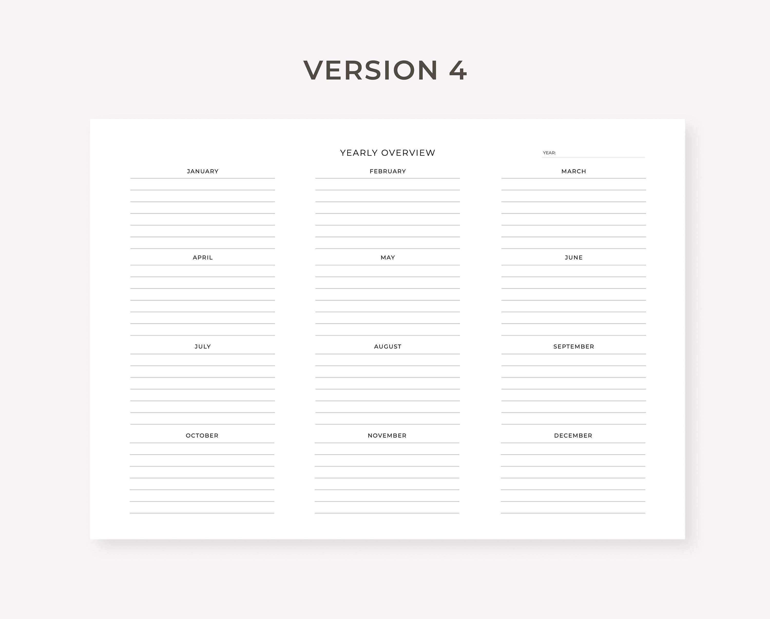 Printable Yearly Overview Planner A4 US Letter PDF Year at a Glance ...